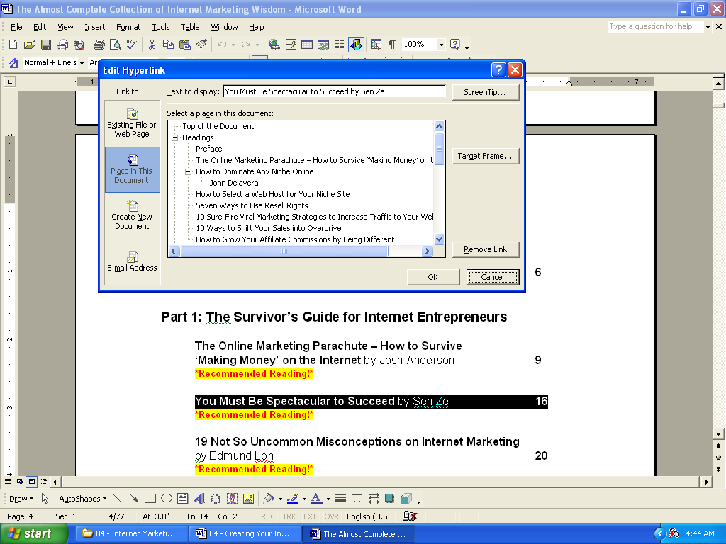 Select the name of the bookmark (‘1stchapter’ in the example), and ...